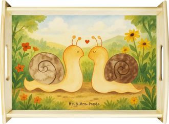 Mr. & Mrs. Panda Servier Tablett Schnecken Liebe Design - Geschenk, sofatablett, Verliebt, Paar, Zufrieden, Serviertablett, P&auml;rchen, betttablett, Holz, gl&uuml;cklich, Freu