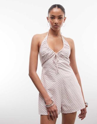 Daisy Street Playsuit in Rosa gestreift mit V-Ausschnitt und Bindedetail vorne