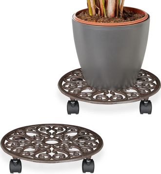 Relaxdays Pflanzenroller, 2er Set, rund, antikes Design, Gusseisen, HxD: 7,5x34 cm, innen & außen, Blumenroller, braun