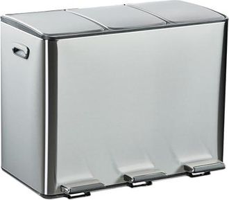 Relaxdays Mülleimer, 3 Fächer, je 15 l, entnehmbare Inneneimer, Absenkautomatik, Trittpedale, Mülltrennsystem, Silber