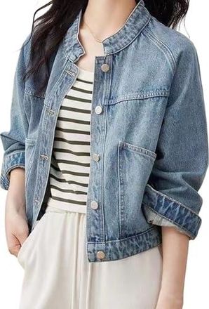 Generic Veste en jean courte pour femme, col montant classique, effet d&eacute;lav&eacute; et effiloch&eacute;, coupe d&eacute;contract&eacute;e, l&eacute;g&egrave;re, id&eacute;ale pour le printemps, bleu ciel, ta