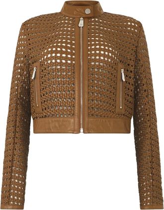 Philipp Plein Femme, Vestes, Brun, Taille: 38 FR Weaved Leather Fitted Jacket