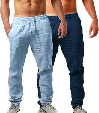 Generic Pantalon de jogging en coton et lin pour homme - Pantalon d&eacute;t&eacute; d&eacute;contract&eacute; avec poches - Coupe ample - Taille &eacute;lastique - Pantalon de yoga confortable
