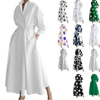 Generic Primarilyx Robe chemise portefeuille pour femme en coton boutonn&eacute;e maxi robe t-shirt &agrave; manches longues &agrave; revers taille haute, blanc, XXL