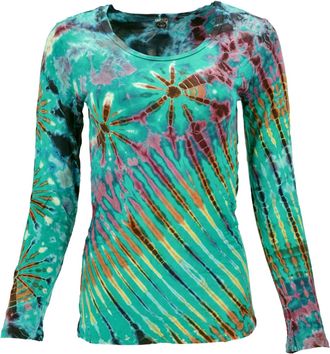 Guru Shop Unikat Batik Shirt, Boho Langarmshirt - Gr&uuml;n, Damen, Synthetisch