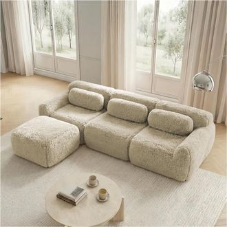 Generic Modernes 2-Sitzer-Sofa, modulares Sofa, rutschfeste Basis, mit 2 Kissen, extra breite ergonomische Armlehnen,for Lesen und Arbeiten(Caqui Claro+Peluch