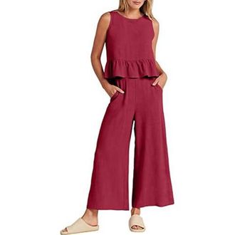 Generic V&ecirc;tements de sport 2 pi&egrave;ces pour femme - Ensemble d&eacute;contract&eacute; &agrave; manches courtes - Haut assorti - Pantalon large - Tenue de d&eacute;tente pour femme - Ensemb