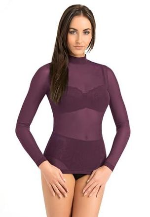 Teyli Blouse de soirée - Haut en résille - modèle Transparent pour Femmes à Manches Longues.Prune L