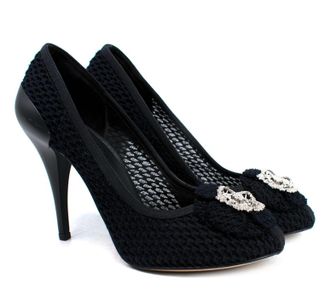 Chanel Black Crochet Floral Applique Heels Size 37.5