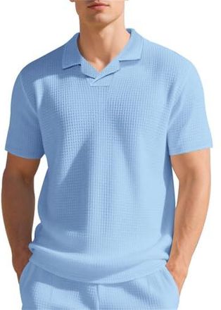 Generic Polo l&eacute;ger et respirant pour homme, coupe classique, d&eacute;contract&eacute;, vintage, boutonn&eacute;e, confortable, extensible, t-shirts dext&eacute;rieur, bleu clair, XXL