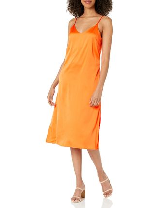 The Drop Ana Silky Midi-Slip-Kleid mit V-Ausschnitt Freizeitkleid, Feuerorange, X-Large