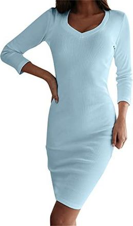 Generic Robe amincissante d&eacute;contract&eacute;e &agrave; manches longues et col en V c&ocirc;tel&eacute;e pour femmes, coupe ajust&eacute;e, couleur unie, mini robe de f&ecirc;te 2026, bleu clair, XXL