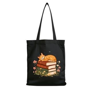Generic Book Lovers Sac fourre-tout en toile Noir avec motif chat orange endormi Motif floral