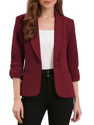 Allegra K Femme Blazer de Travail &agrave; Revers Ch&acirc;le Manches 3/4 Fermeture &agrave; 1 Bouton Veste pour Bureau Bourgogne L