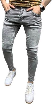 Generic Jean skinny fusel&eacute; extensible pour homme, coupe ajust&eacute;e, pantalon crayon en denim d&eacute;lav&eacute;, pantalon classique skinny, gris, XXL