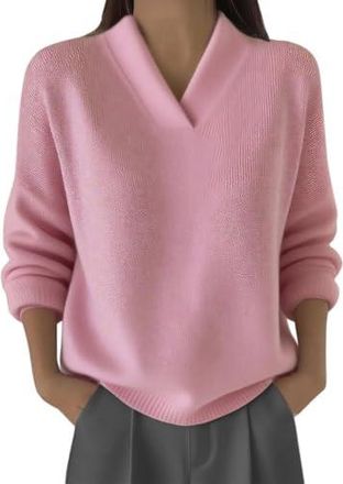 TOMWELL Pull Femme Col Profond en V L&acirc;che Couleur Unie Pulls en Tricot Manche Longue Chaud Haut Tricot&eacute; A Rose XL
