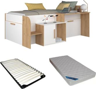 Vente-Unique Vente-unique - Lit combin&eacute; 90 x 200 cm avec bureau et rangements - Coloris : Blanc et naturel + Sommier + Matelas - pedro