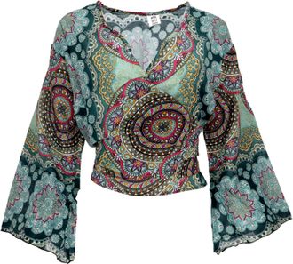 Guru Shop Kurztop, Boho Blusentop, Wickeltop, Wickelbluse - Dunkelgrün, Damen, Synthetisch