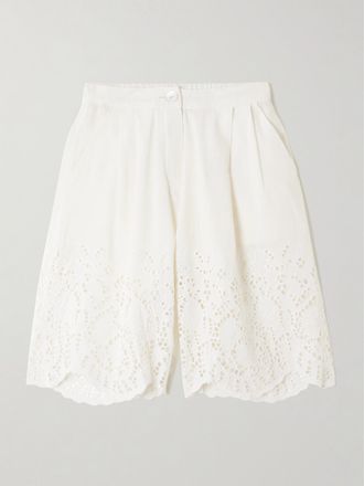 Thierry Colson Short En Lin Et Coton Mélangés À Broderie Anglaise, Plis Et Festons - Blanc cassé