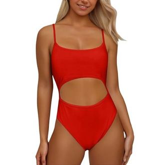 Generic Maillot de bain une pi&egrave;ce monokini &agrave; col rond et dentelle sur le devant et dos pour femme, Rouge, XXL