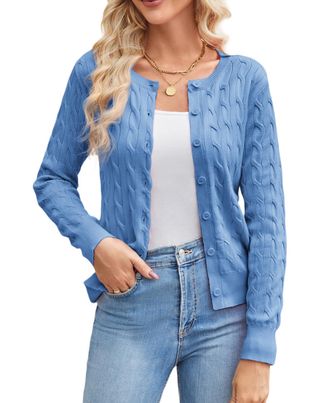 Grace Karin Kurz Langarm Schulterjacke Top für Damen Daily Freizeit Offene Strickjacke Sweater Tops mit Knöpfen XXL Himmelblau