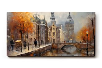 Paul Sinus Art Sinus Art Wandbild 100x50cm Stimmungsvolle Darstellung von Amsterdam mit Kanal Brücke und Altstadt bei herbstlichem Licht