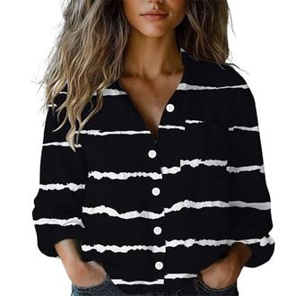 Generico Femme Chemise D&eacute;contract&eacute;e Manches Longues Chemisier Coton Et Lin Curvy Respirant Chemises Col en V Doux T Shirt Vintage Imprim&eacute; Boutons Classique Blo