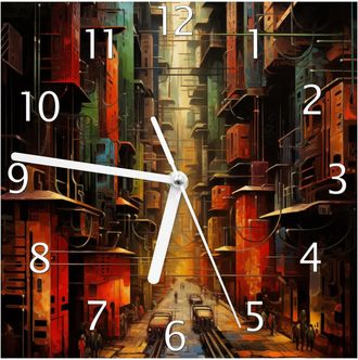 Wallario Design-Wanduhr Stadt der Zukunft aus Glas, Motiv-Uhr Größe 20 x 20 cm, weiße Zeiger