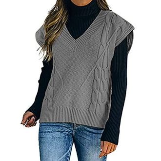 Generic Gilets tricotés pour femmes - Pull en tricot pour femme - Couleur unie - Col en V - Gilet tricoté sans manches à carreaux pour la vie quotidienne et l
