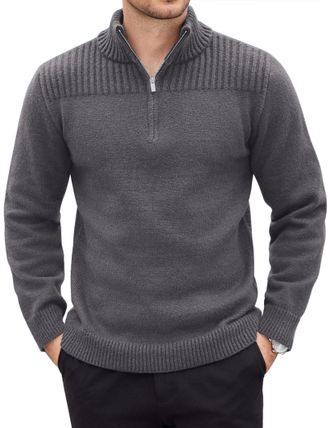 Coofandy Herren Pullover Half Zip Langarm Strickpullover Business Arbeitspullover mit Rollkragen Regular Fit Sweater Winter Warm Pulli Grau XXXL