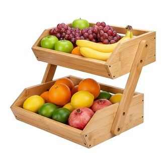 Relaxdays Obst Etagere Bambus, 2 Etagen, HBT 26,5x30x25 cm, Korbetagere, Obst, Gem&uuml;se & Geb&auml;ck, Obstschale K&uuml;che, Natur