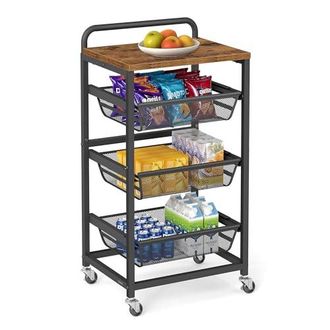 Vasagle Chariot de Rangement &agrave; 4 Niveaux, avec Paniers Extractibles, &Eacute;tag&egrave;re de Cuisine avec roulettes, avec Poign&eacute;e, 31,7 x 40 x 76 cm, Marron Rustique et No