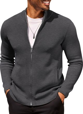 Coofandy Herren-Strickjacke mit Rei&szlig;verschluss, schmale Passform, l&auml;ssig, durchgehender Rei&szlig;verschluss, Strickpullover mit Stehkragen, Strickjacke mit 2 Vorder
