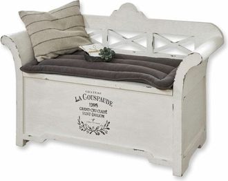 Loberon Bank Fioen, reizendes Antik-Finish, inkl. Kissenauflage, Stauraum unter der Sitzfläche, Sitzmöbel, Sitzbank, Mangoholz, Baumwoll-Canvas, weiß/grau