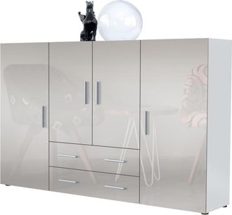 Vladon Highboard Nora Anrichte mit 2 Schubladen und 4 T&uuml;ren mit insgesamt 8 F&auml;cher dahinter, Wei&szlig; matt/Sandgrau Hochglanz (166,5 x 106,5 x 35 cm)