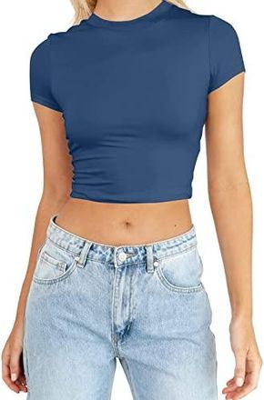 Generic L9WEI Crop T-shirt &agrave; manches courtes pour femme Y2K Sexy Slim Tops Femmes Col rond Couleur unie Hauts d&eacute;t&eacute; basiques Casual T-shirts, Marine, XL