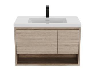 Vente-Unique Waschbeckenunterschrank h&auml;ngend mit Einzelwaschbecken + Armatur - Holzfarben hell - 90 cm - PUJUKA