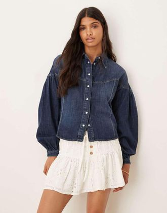 Wrangler Chemise courte en jean à manches ballon - Bleu foncé délavé-Bleu marine