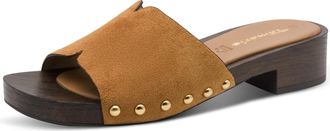 Tamaris Pantolette TAMARIS, Damen, Gr. 36, cognac, Textil, unifarben, Schuhe Pantolette, Blockabsatz, Sommerschuh, Schl&uuml;pfschuh mit aufgesetzten Nieten