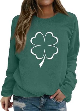 Generic Pull de la Saint-Patrick pour femme - Imprim&eacute; tr&egrave;fle irlandais porte-bonheur - Col rond - Manches longues - Brillant - Pull doux pour femme - Pour les