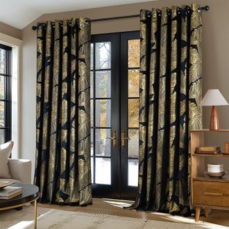 Miulee Samt Vorhänge Mit Goldfolie Blätter Muster, 2 Stück Schwarz Gardinen Mit Ösen 228x228 cm, Superweich Blickdicht für Deko Wohnzimmer Schlafzimmer, Extr