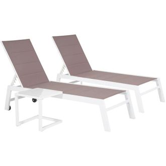 Happy Garden Set aus 2 Sonnenliegen und Beistelltisch BARBADOS aus taupefarbenem Textilene - Wei&szlig;aluminium
