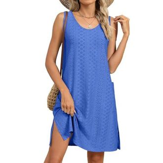 Generic Robe d&eacute;t&eacute; l&eacute;g&egrave;re pour femme - Robe courte - Sans manches - Col rond - Longueur genou - Robe de plage d&eacute;contract&eacute;e avec poches - Robe d&eacute;bardeur d&eacute;contr