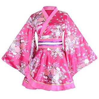 Generic Kimono court sexy pour femme avec ceinture Obi et imprimé Geisha Yukata, rose rouge, taille unique