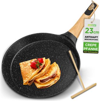 Nutrichef Crepe Pfanne 23 cm Schwarz - Antihaft & Marmorbeschichtet Mit Holzspatel, Induktionsgeeignet & spülmaschinenfest Für Crêpes, Dosas & Pfannkuchen