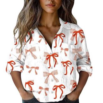 Generic Haut de Saint-Valentin pour femme avec col en V boutonn&eacute; &agrave; manches 3/4 - T-shirt tendance avec motif coeur damour - Tunique d&eacute;t&eacute; - Chemisier d&eacute;contrac