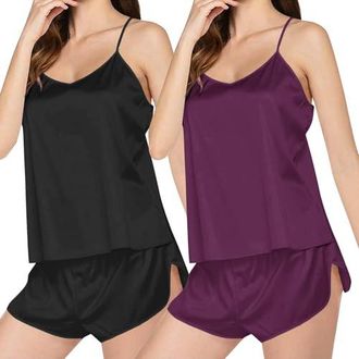 Generic Pyjama Femme Été Soie Pyjama Femme Short Dentelle Ensemble en Satin pour Femmes Col en V Caraco Dentelle Maillot De Corps Short sans Femmes Sexy Panta