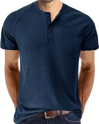 Generic T-shirt &agrave; motif gaufr&eacute; pour homme - L&eacute;ger - Col rond - Manches longues - T-shirt basique en coton &agrave; manches courtes - Bouton - Pour homme - Chemise He