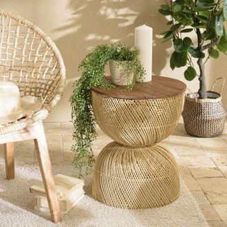 Macabane Macabane - sixtine - Table dappoint en rotin beige plateau en bois teck recycl&eacute;