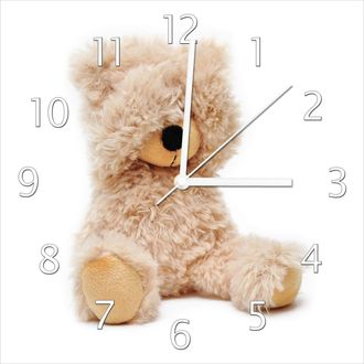 Wallario Design-Wanduhr Süßer Teddybär aus Glas, Motiv-Uhr Größe 30 x 30 cm, weiße Zeiger